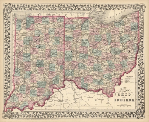 County Map of Ohio and Indiana. | The Old Print Shop