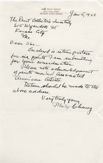 Philip Cheney letter to J. H. Bender publisher of The Print Collector's ...
